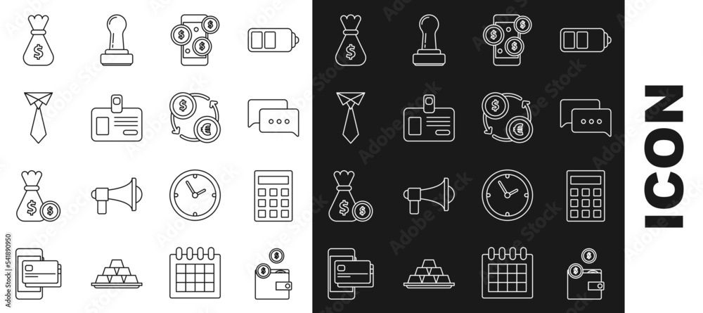 Set line Wallet with coins, Calculator, Speech bubble chat, Smartphone ...