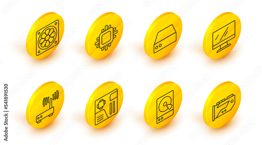 Set line Video graphic card, Hard disk drive HDD, Motherboard digital chip, Router and wi-fi ...