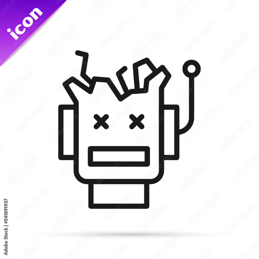 Black line Broken robot icon isolated on white background. Artificial ...