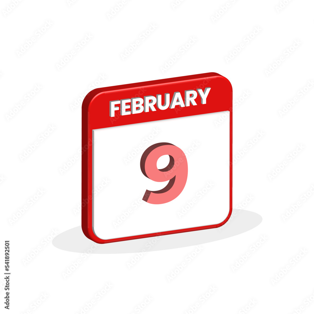 9th February calendar 3D icon. 3D February 9 calendar Date, Month icon ...