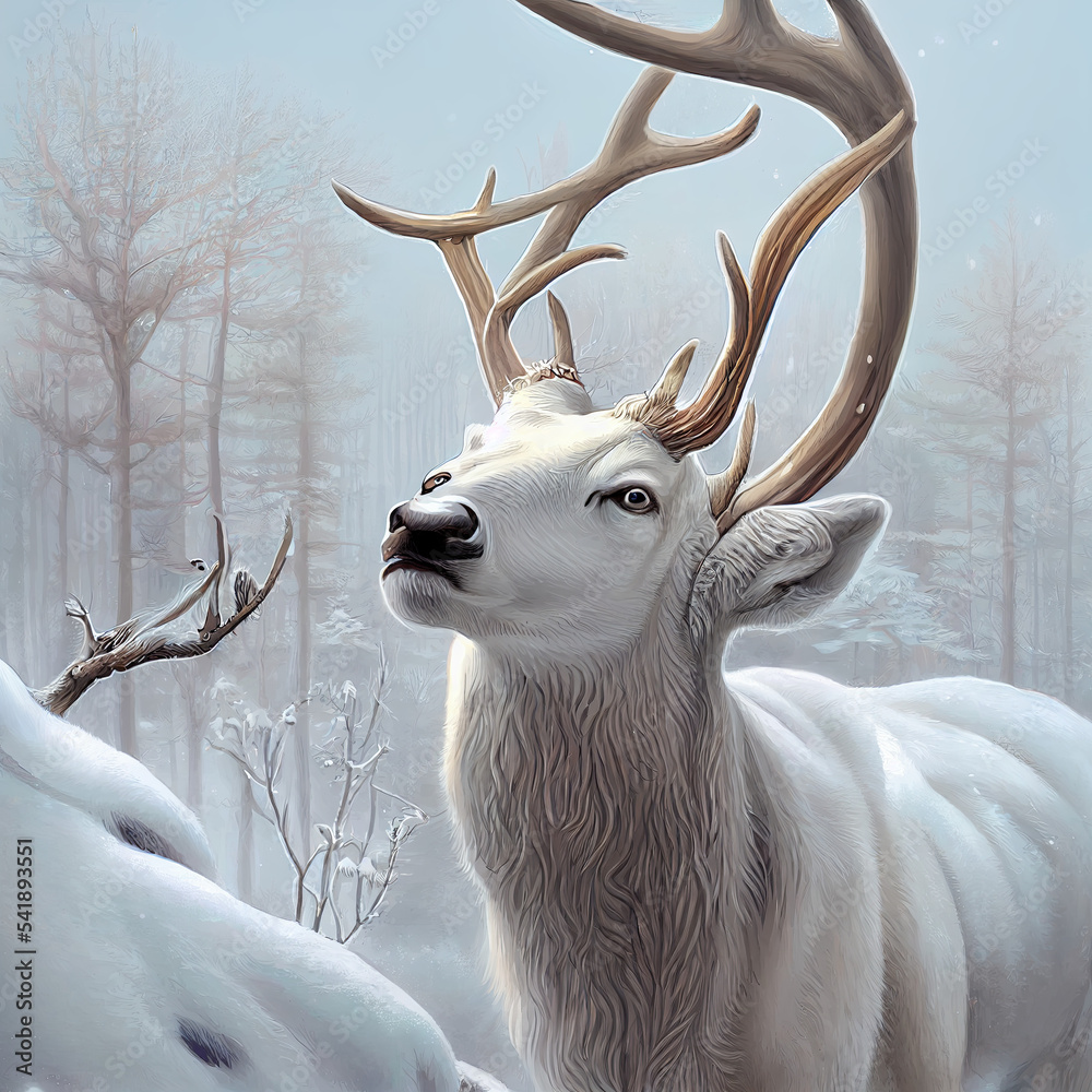 Beautiful white deer winter, Generative AI Art illustration, snow ...