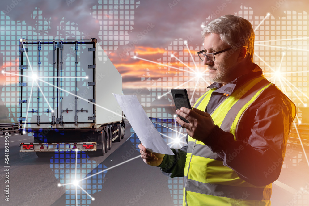 Logistic man. Logistics company employee. Man dispatcher near truck ...