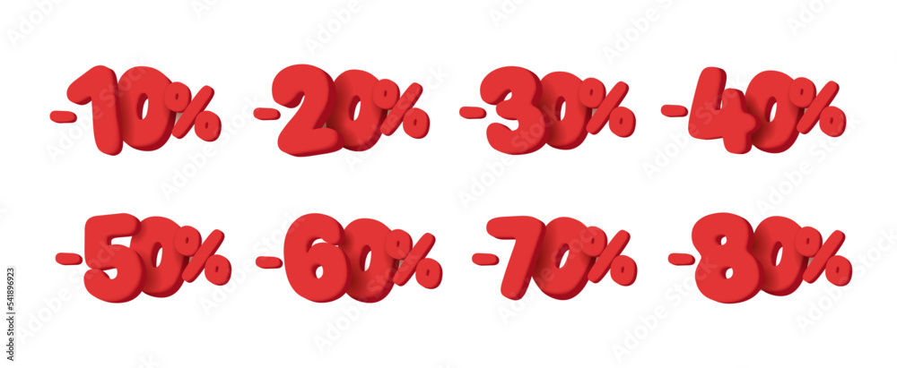 Set of sale percent 3d red numbers, rounded shapes cartoon render style ...