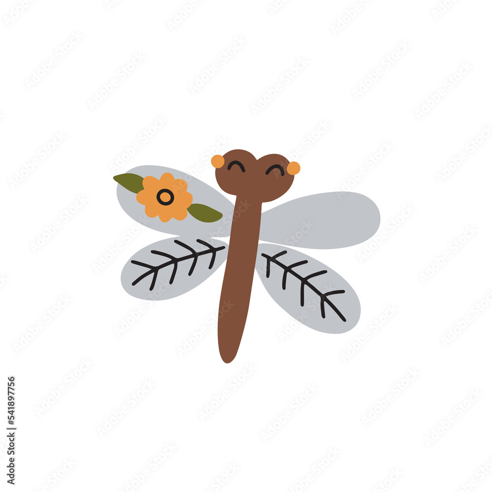 Vector illustration of a cute dragonfly in boho style on a white ...