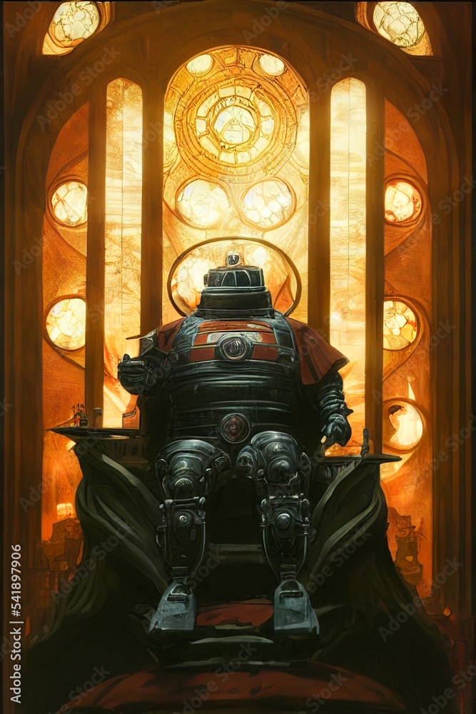 Retro Robot King sitting on a throne in a castle hall sci-fi ...