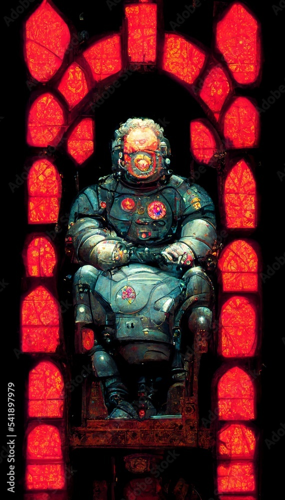 Fat cyborg King sitting on a throne in a castle hall sci-fi fantasy ...
