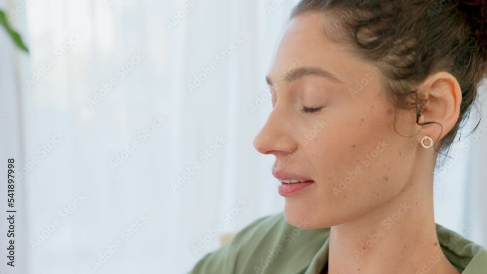 Woman, relax and face closeup on sofa in living room at home. Young ...