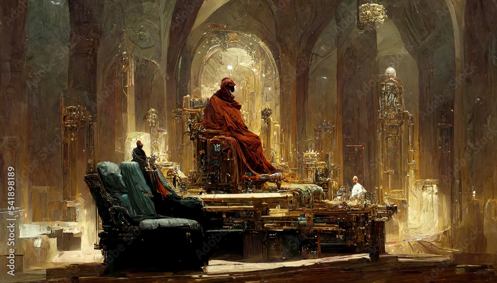 King in red sitting on a throne in a castle hall fantasy illustration ...