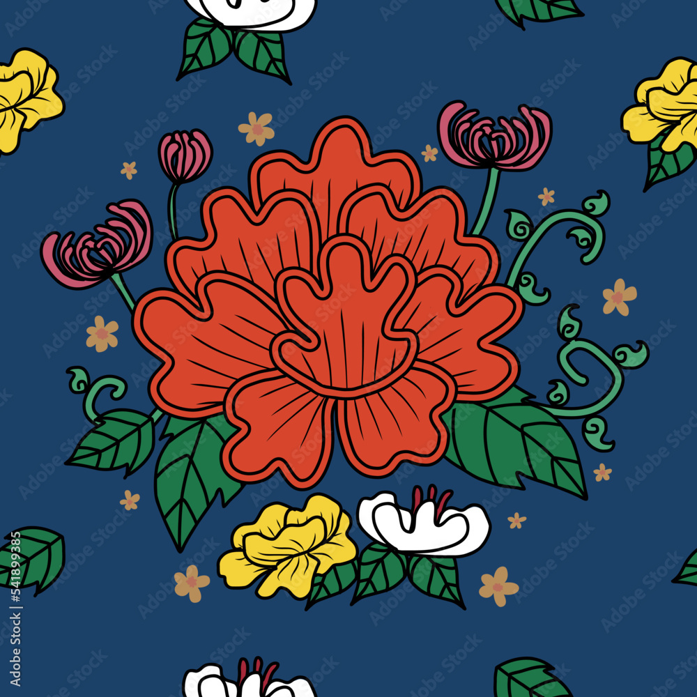 Orange Chinese flower seamless pattern dark blue background vector ...