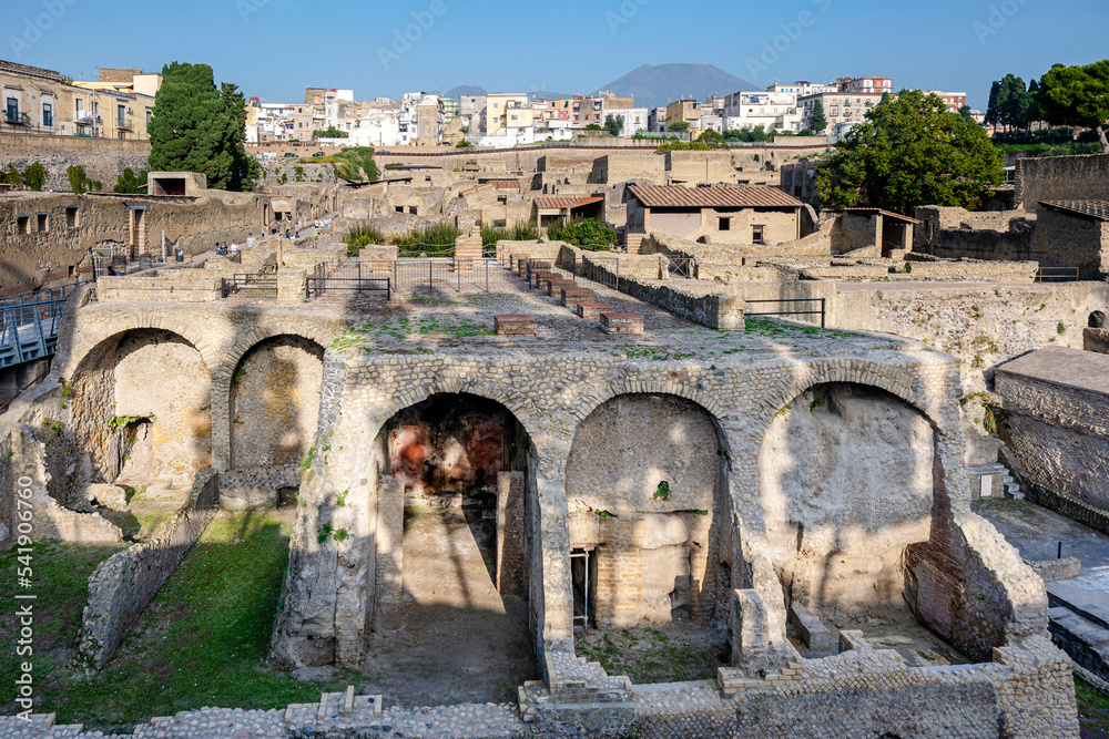 Ruins of Herculaneum, on the slopes of Vesuvius, an ancient Roman city ...