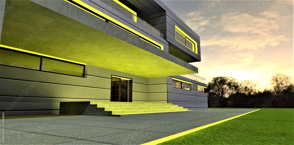 Futuristic porch lighting in yellow. Early morning an hour and a half ...