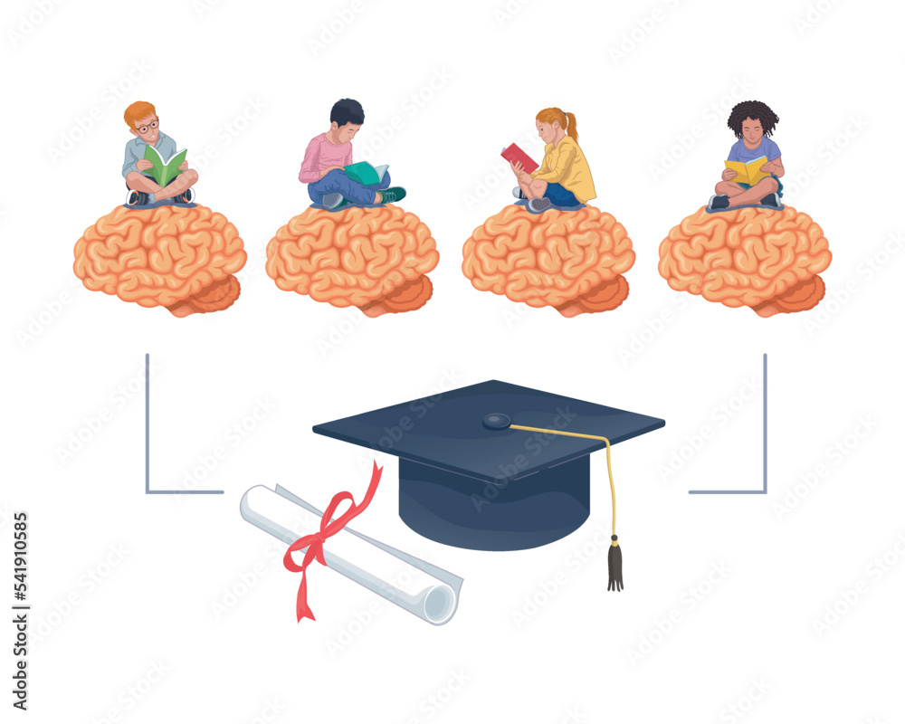 Boys and girls reading book sit on giant brain with huge graduation cap ...