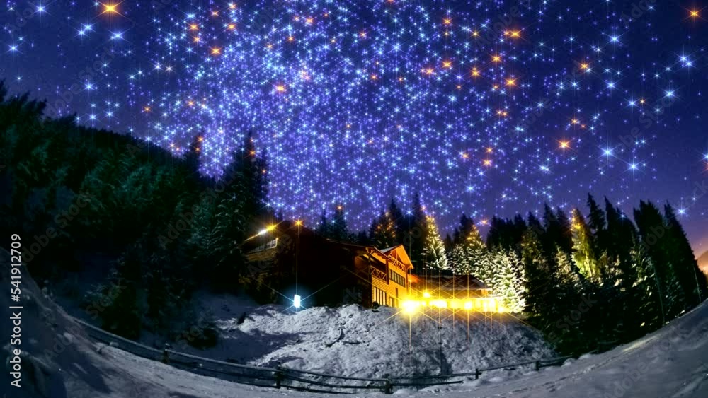 Beautiful country house in the snow winter forest - Magic Christmas Sky ...