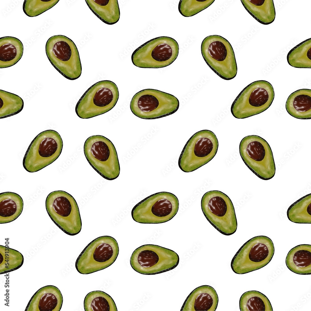 Seamless pattern with half avocado. Print on white background for menu ...