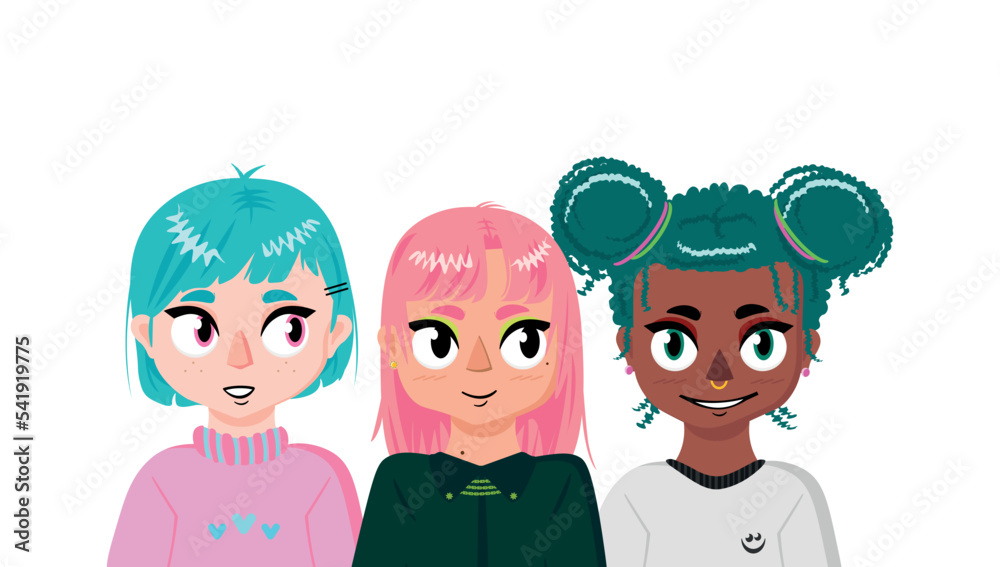 Vector illustration. Three girlfriends in fashionable clothes. Friends ...