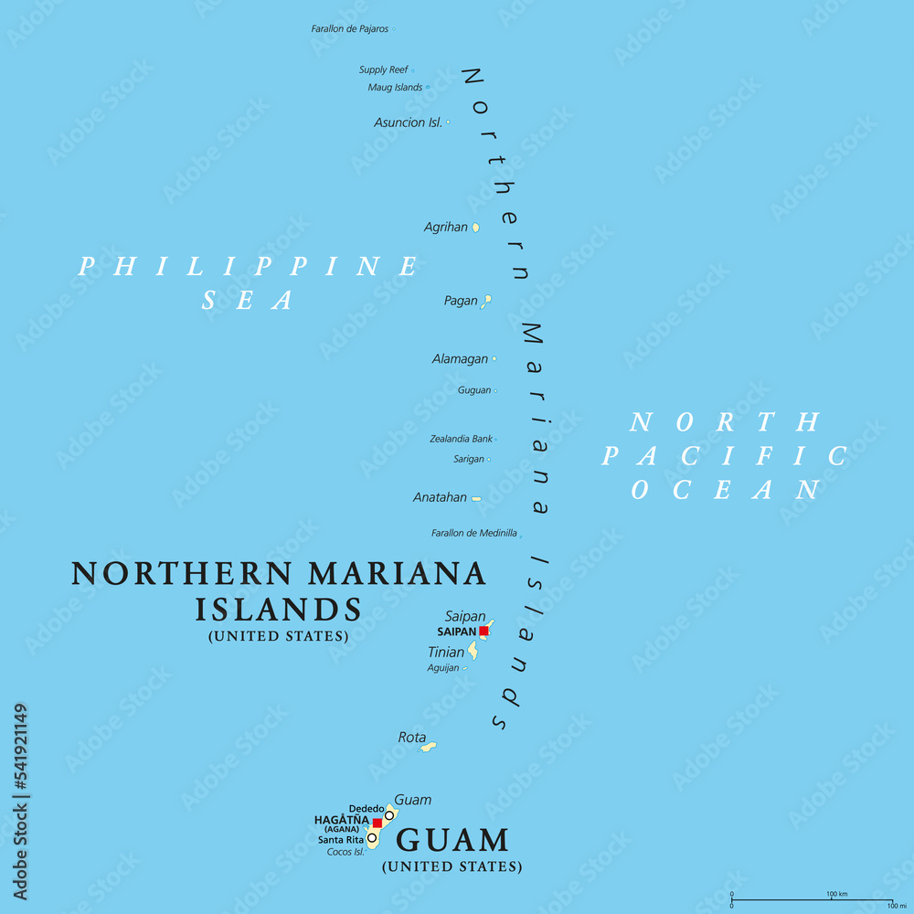 Guam and Northern Mariana Islands, political map. Two separate ...