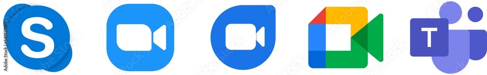 Zoom, Skype, Teams and Meet. Vector logos of streaming services. Remote ...