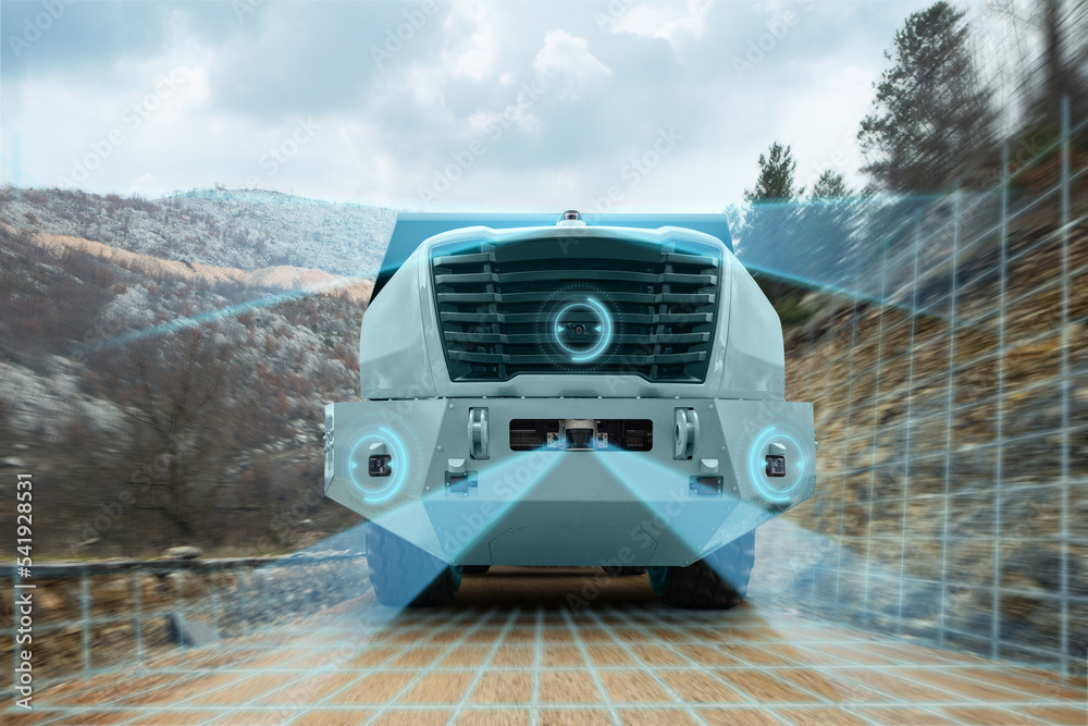 Machine vision system of an autonomous self driving truck. Stock Photo ...