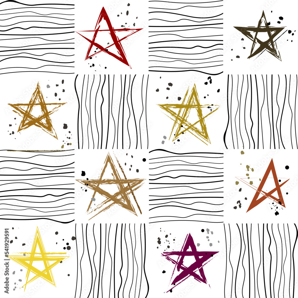 Geometric seamless pattern of abstract stars, black wavy lines, paint ...