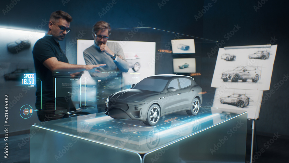 Foto de Two development engineers in the studio are designing an eco ...