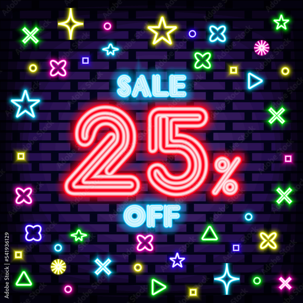 Sale 25% off Neon sign. Neon script. Night advensing. Design element ...