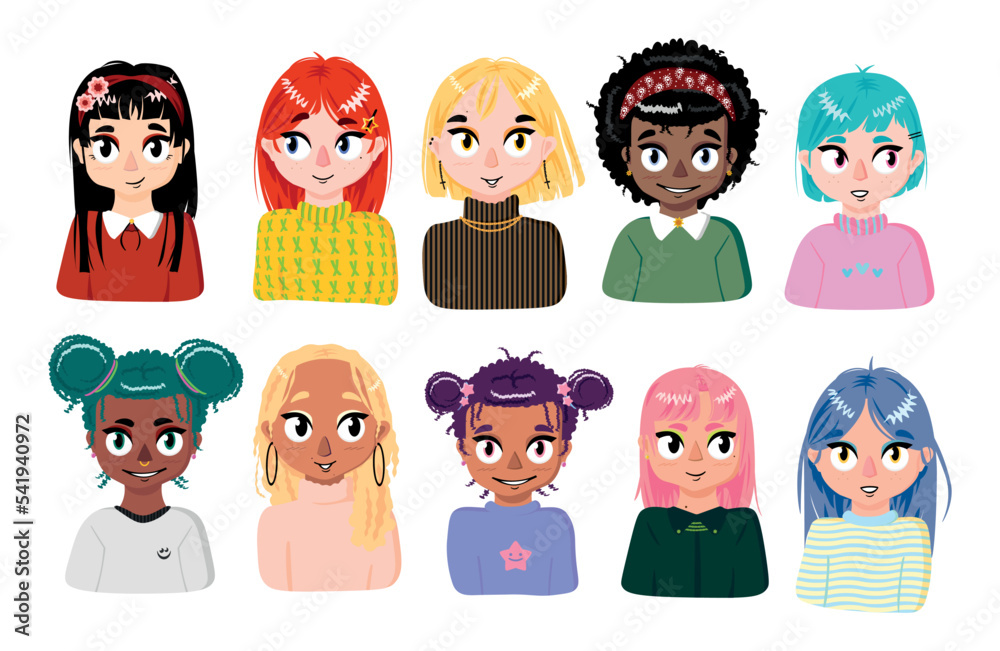 Vector illustration. Set of girls avatars. Girlfriends. Many people ...