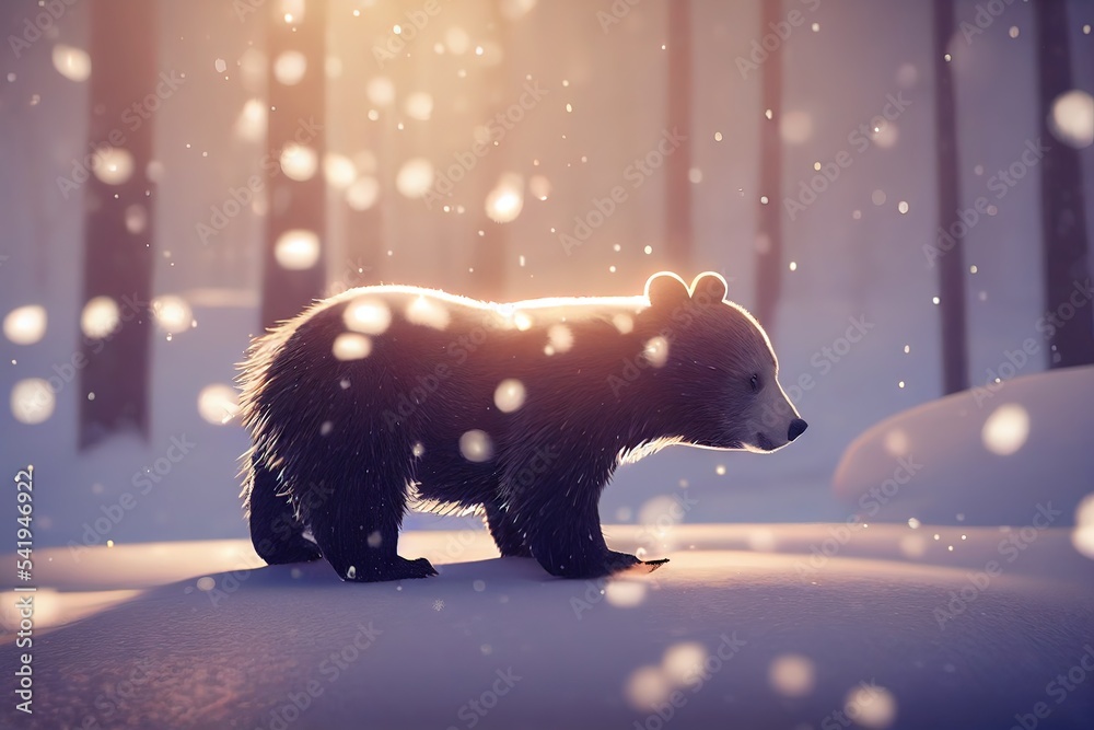 3D rendered computer generated image of a fluffy bear cub in the winter ...