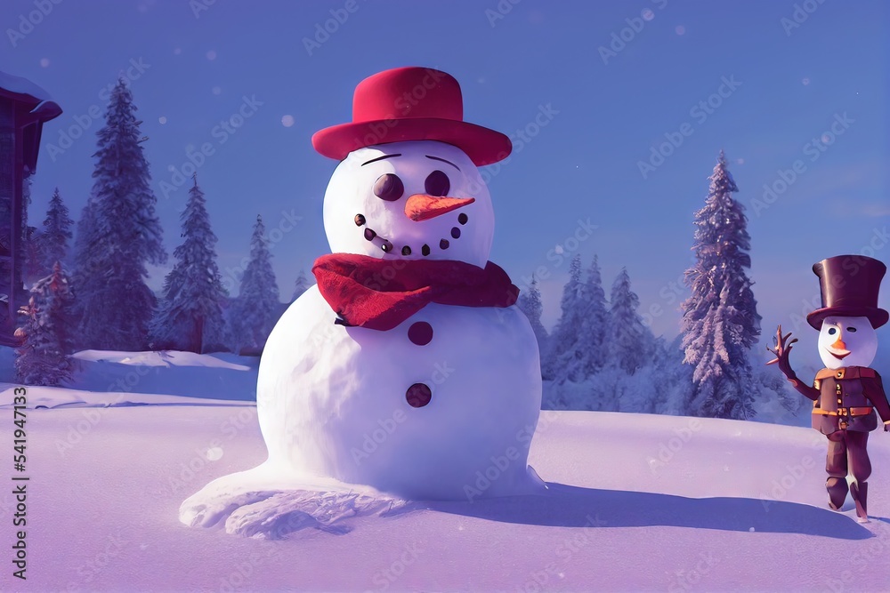 3D rendered computer generated image of a snowman in the winter snow ...