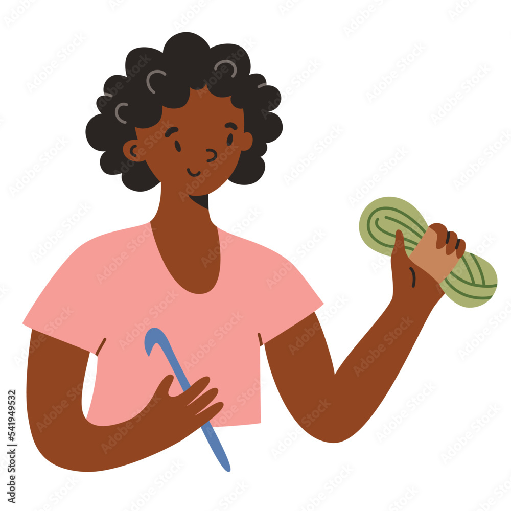 Woman with yarn and crochet hook, doodle icons of crocheting craft ...
