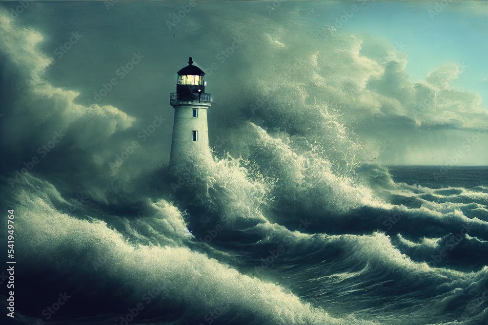 Spectacular lighthouse provide light during a large storm on the seashore. Massive and powerful ...