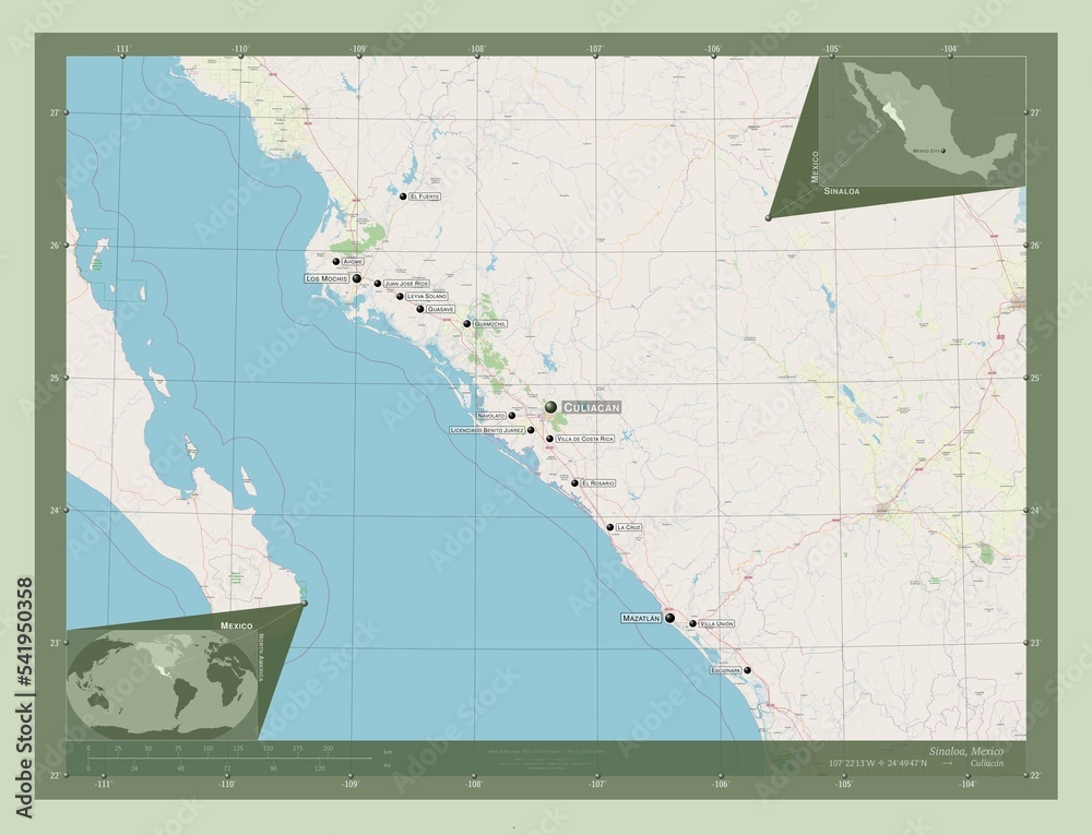 Sinaloa, Mexico. OSM. Labelled points of cities Stock Illustration ...