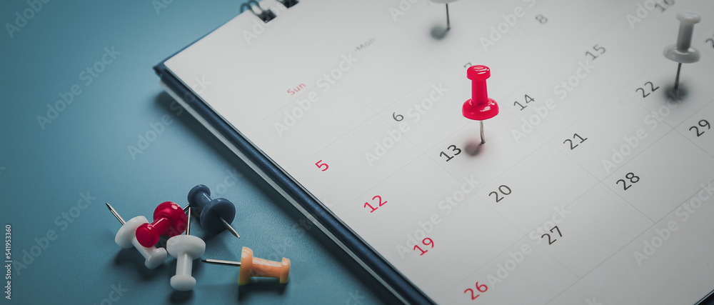 Embroidered red pins on a calendar event Planner calendar,clock to set ...