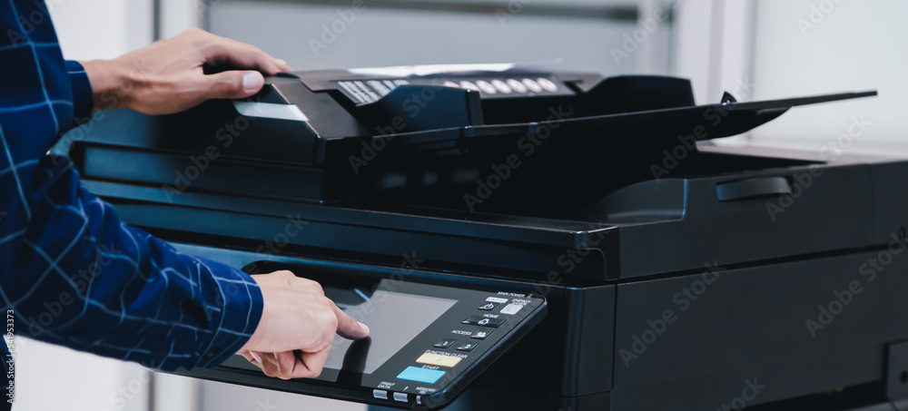 Copier printer, Close up hand office man press copy button on panel to ...