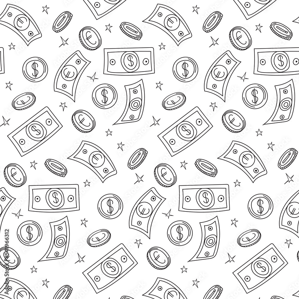 Seamless pattern with flying money, banknotes and coins. Hand-drawn in ...