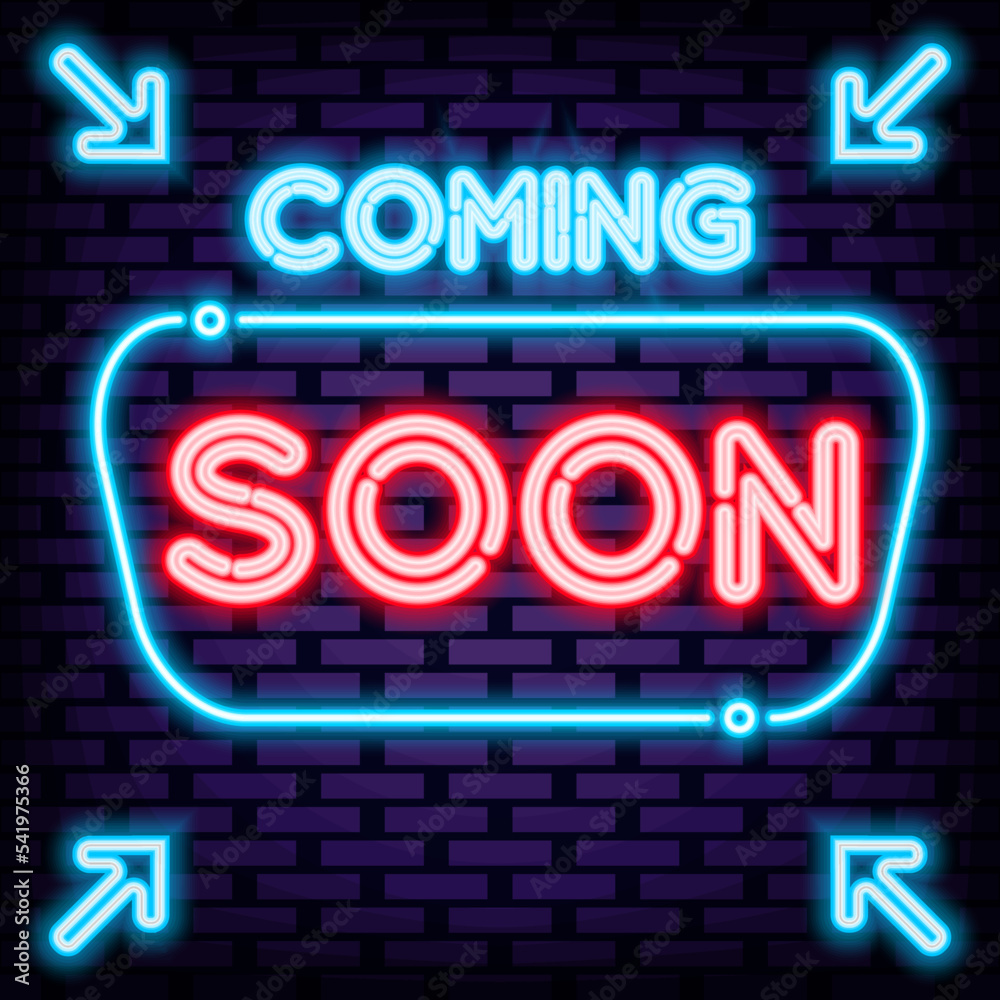 Coming Soon Badge in neon style. Neon script. Neon text. Bright colored ...