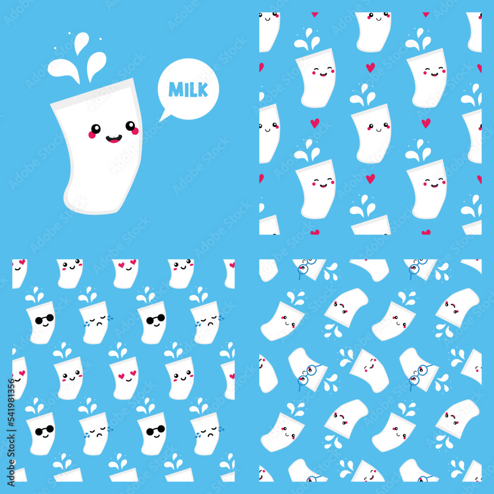 Cute cartoon style milk glass character and set, collection of three ...