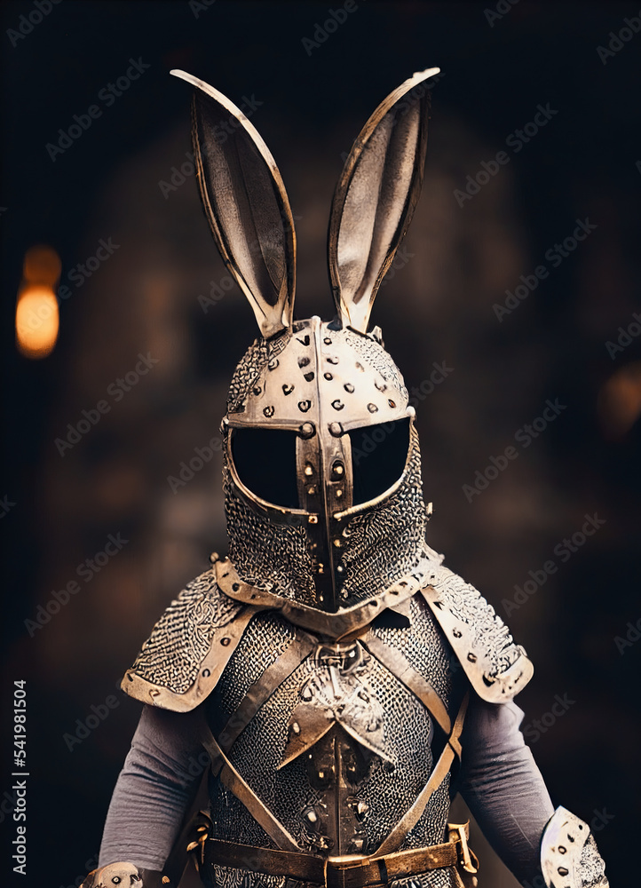 Spectacular battle-ready rabbit knight in medieval portrait. Digital ...
