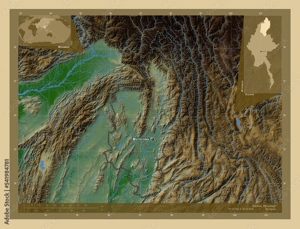 Kachin, Myanmar. Physical. Labelled points of cities Stock Illustration ...