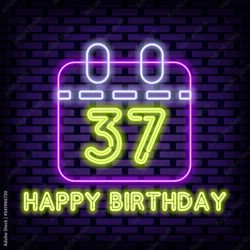 37th Happy Birthday 37 Year old Badge in neon style. Neon script. Night ...