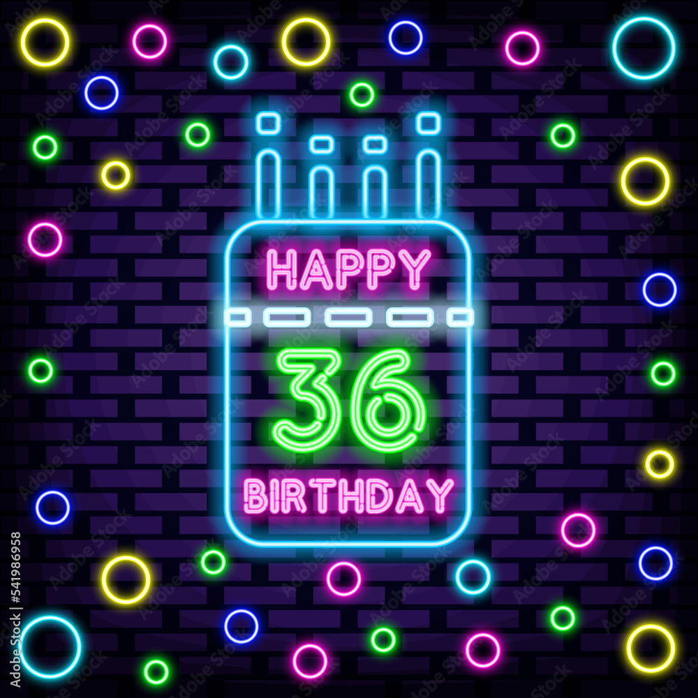 36th Happy Birthday 36 Year old Badge in neon style. Glowing with ...