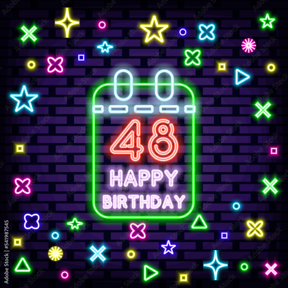 48th Happy Birthday 48 Year old Badge in neon style. Neon script. Night ...