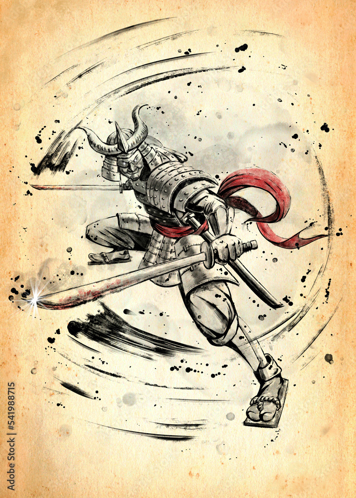 ภาพประกอบสต็อก Samurai in full armor holds a sword in each hand in a ...