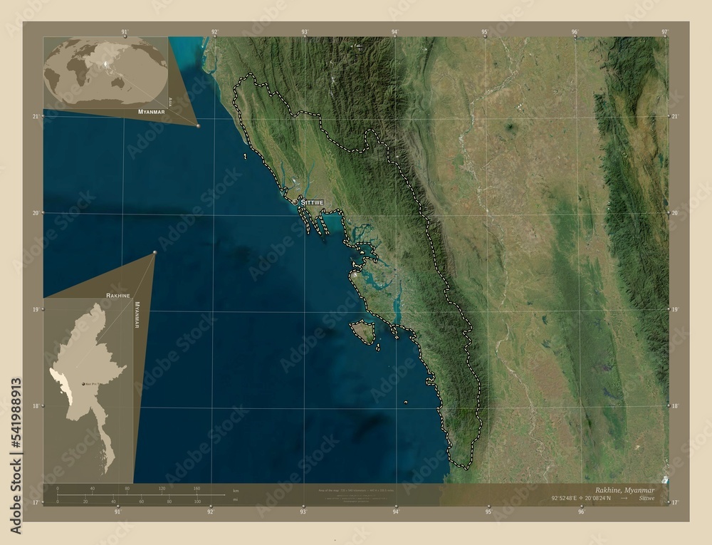 Rakhine, Myanmar. High-res satellite. Labelled points of cities Stock Illustration | Adobe Stock