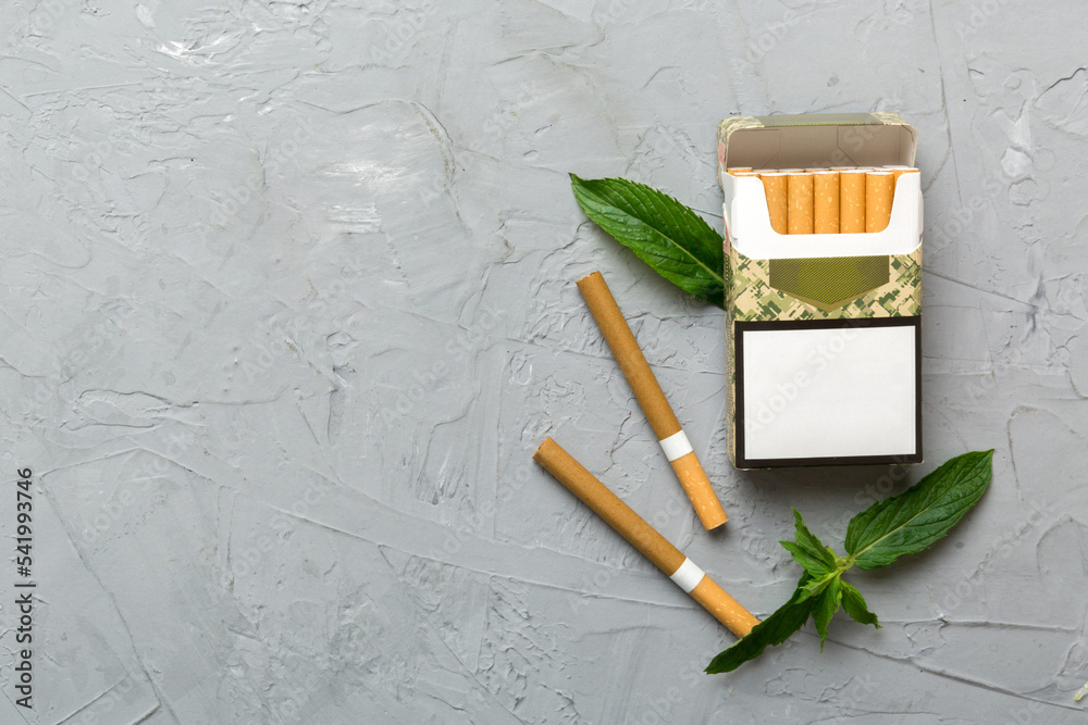 Pack of menthol cigarettes and fresh mint on colored table, Menthol ...