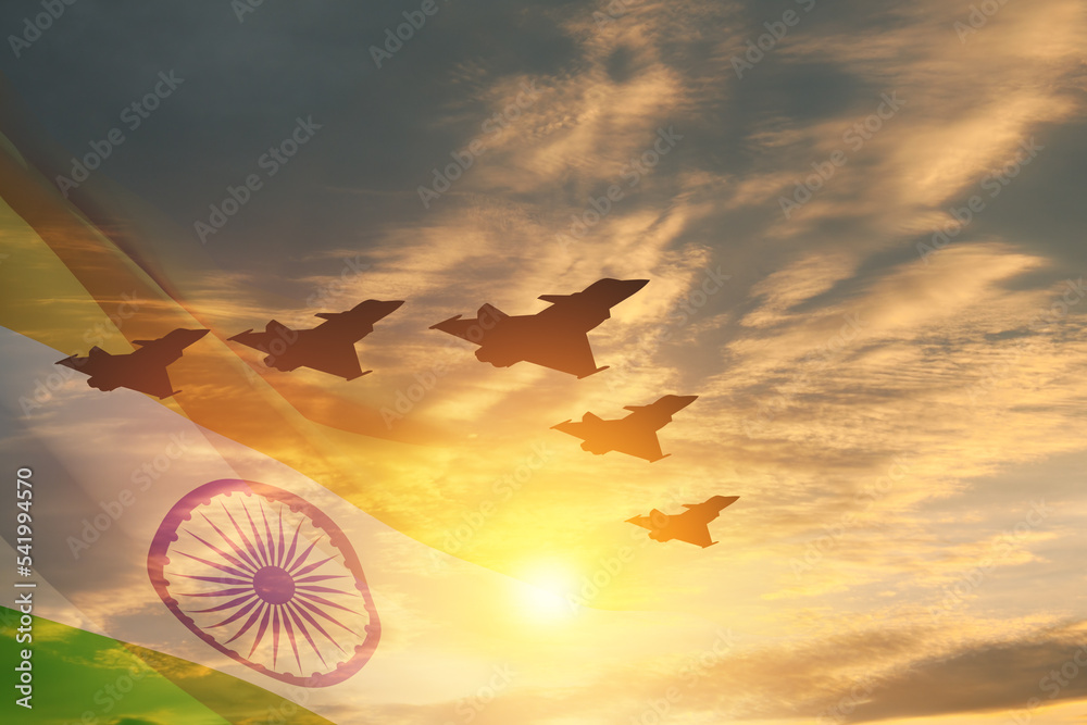 Indian Air Force Day. Indian jet air shows on background of sunset with ...