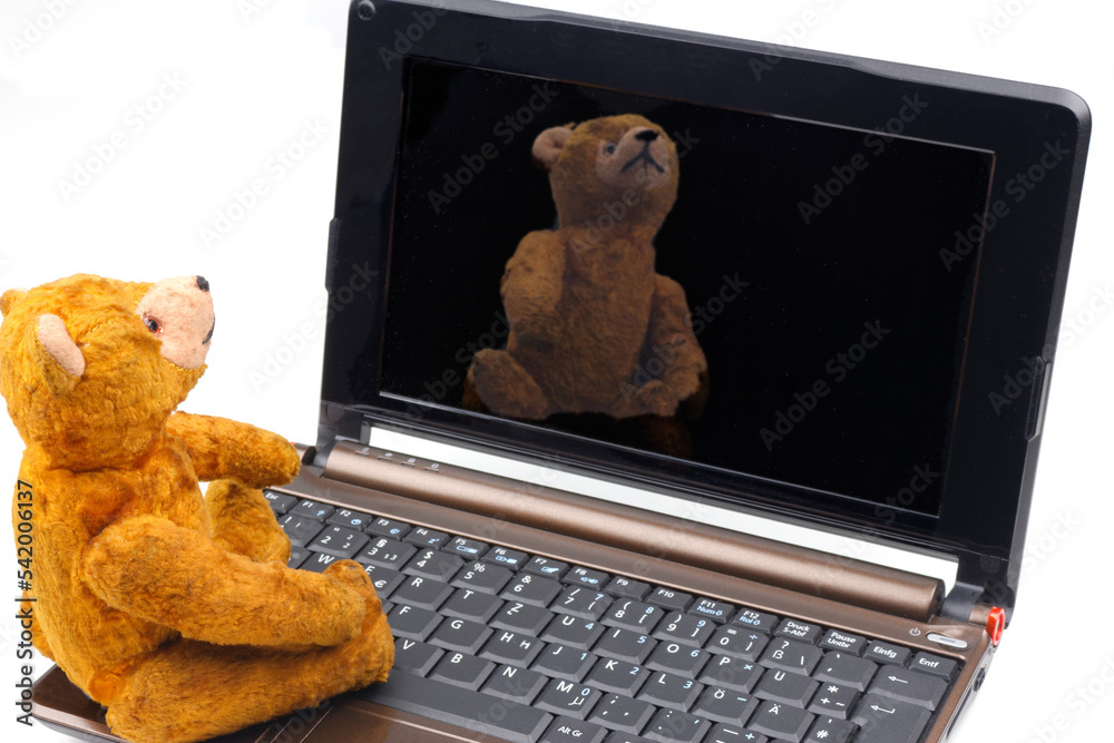 teddy bear goes digital. vintage teddy bear sitting on a laptop ...