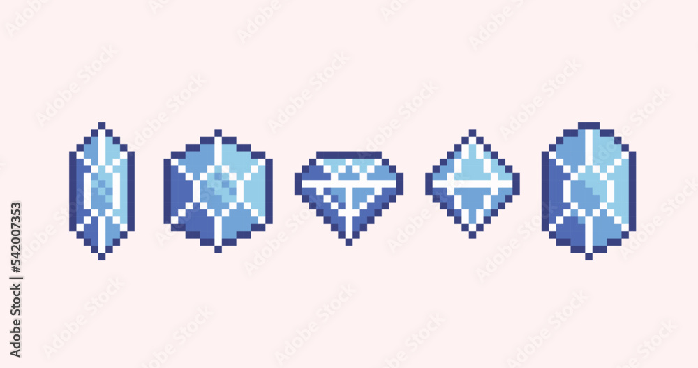 Gems: diamond, ruby, emerald, amethyst pixel art icon set. Precious ...