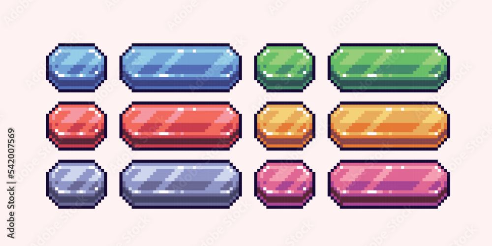 Crystal diamond buttons pixel art set. Colorful ice interface bar ...