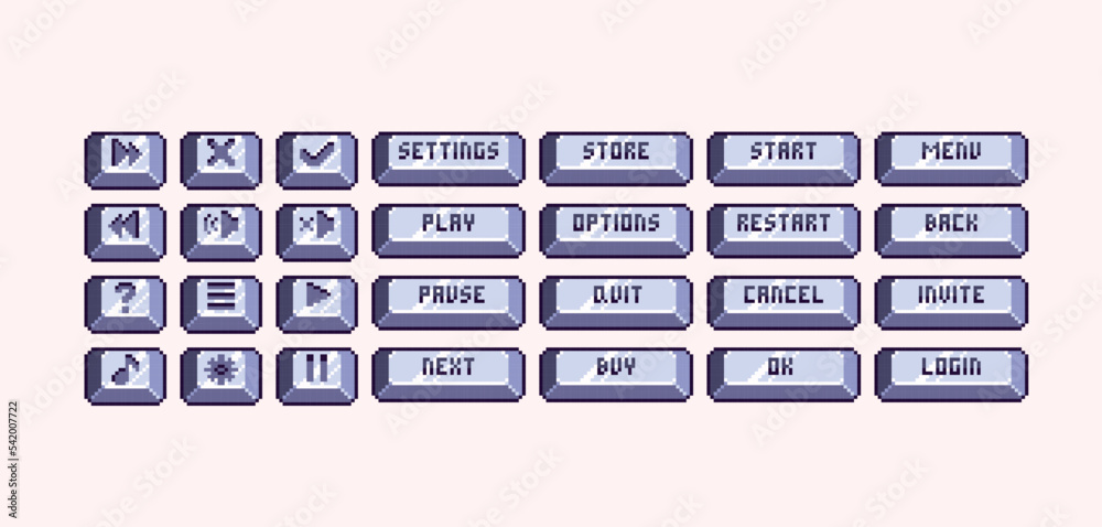Shiny metal buttons pixel art set. Menu steel or silver interface bars ...