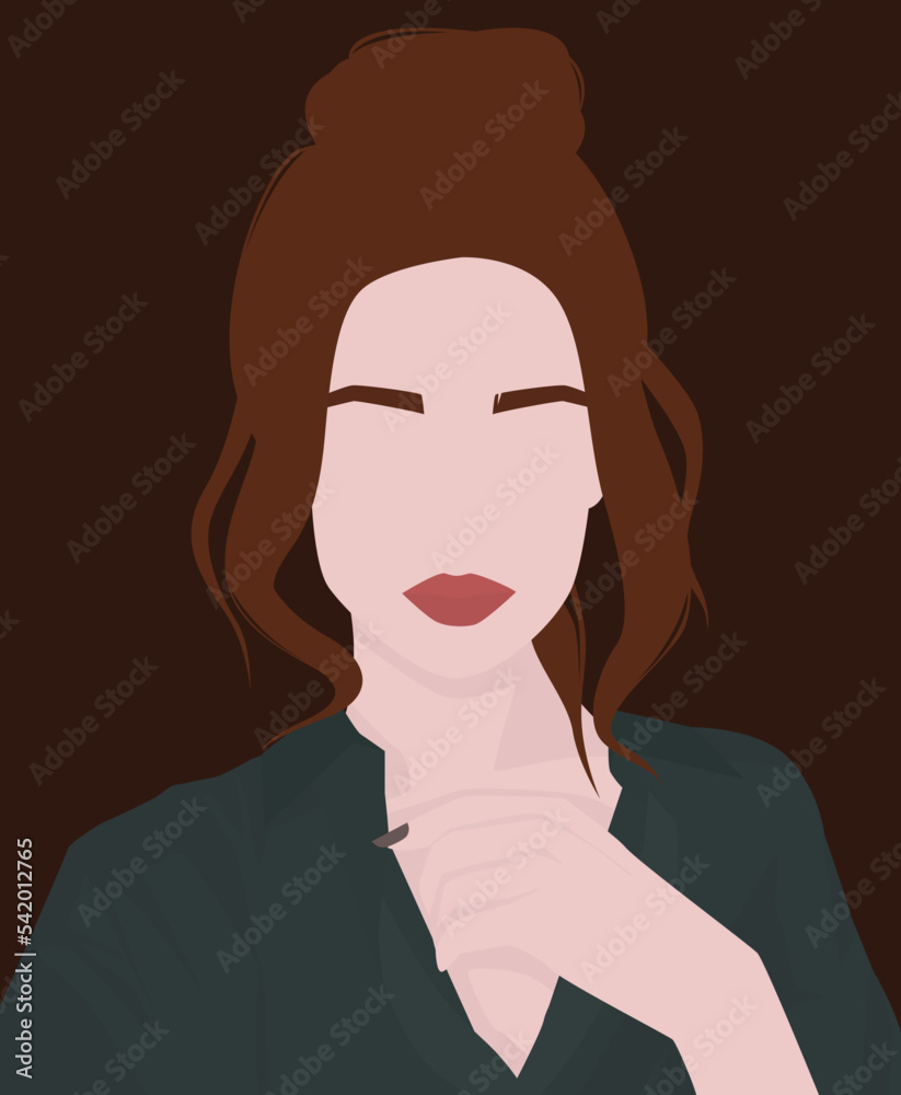 Vector flat image of a young girl with long brown hair. Portrait of a ...